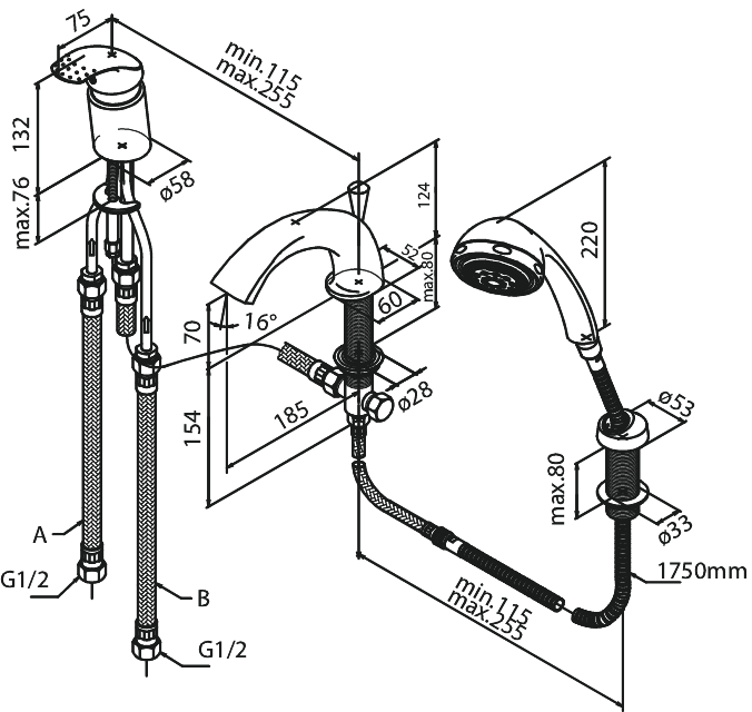 Jupiter Chrome 3-Hole Bath Shower Mixer [https://damixa.com]
